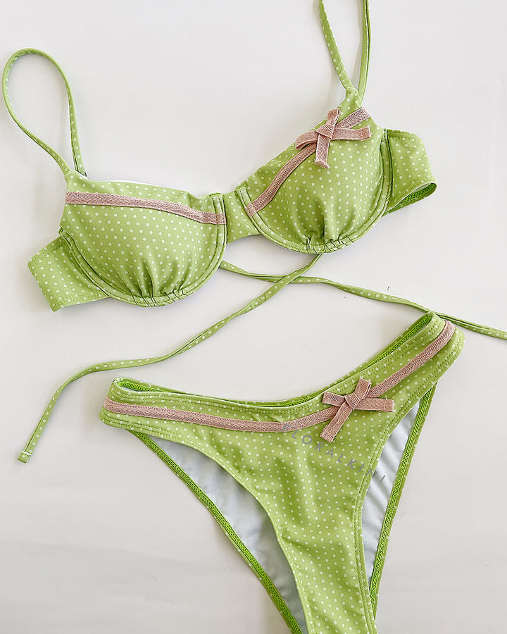 Polka Dot Underwire Bikini Set With Bow And Pink Ribbon Detailing