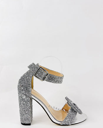 Glitter Bow Detail Statement High Block Heel - Silver – FloralKini