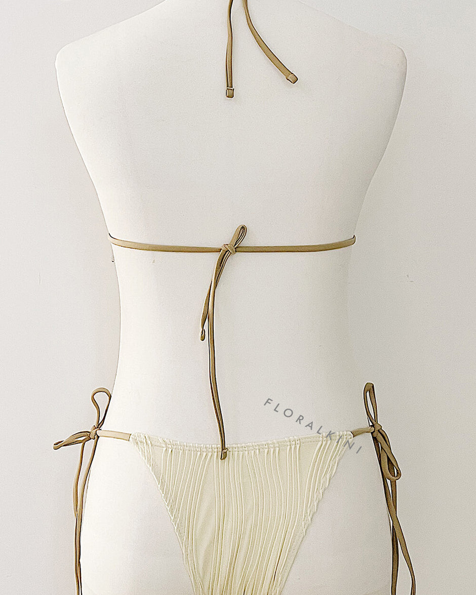 Textured Twisted Trim Triangle Halter Tie Side Bikini Set With Bows ...