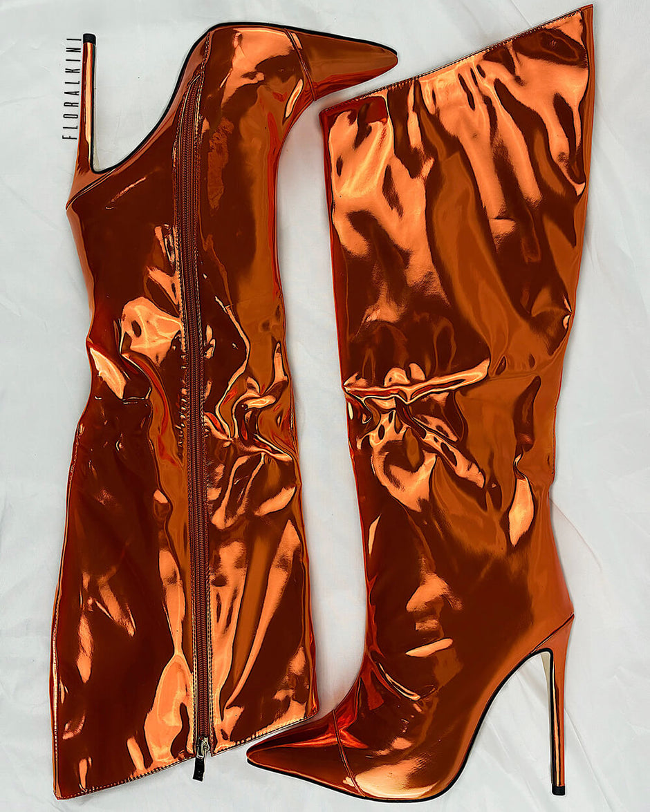 Metallic Finish Knee-High Pointed Toe Stiletto Boots - Orange – FloralKini