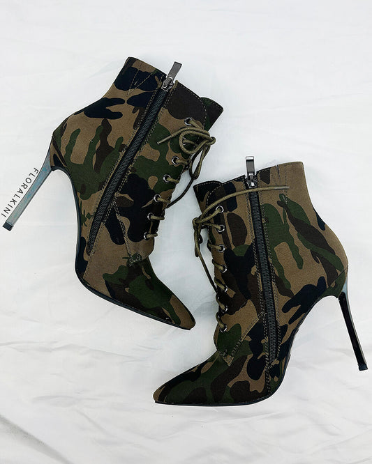 Camo Lace Up Point Ankle Stiletto Boots – FloralKini