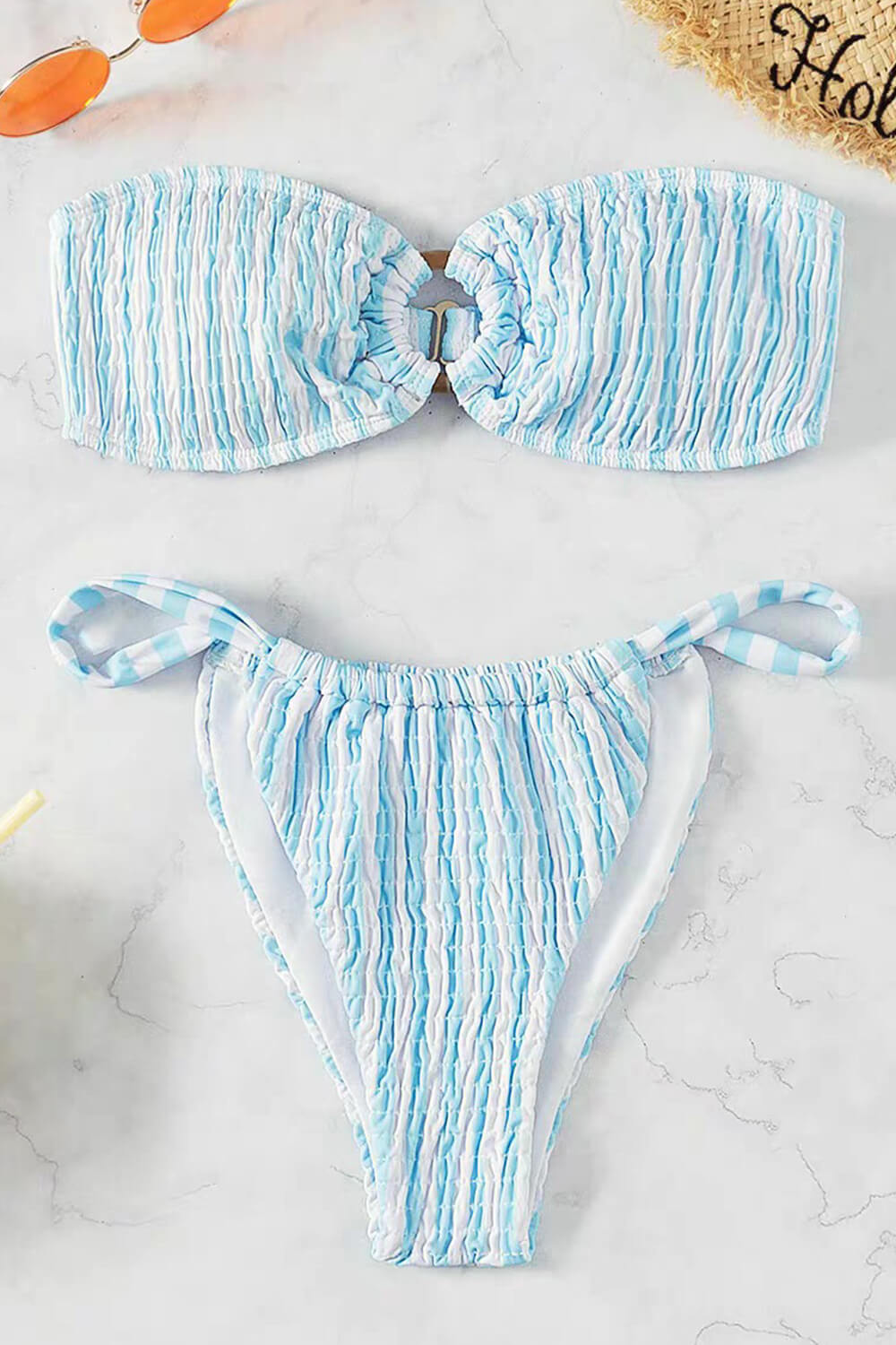 Crinkle Striped Bandeau Bikini Set With O-Ring Detail – FloralKini