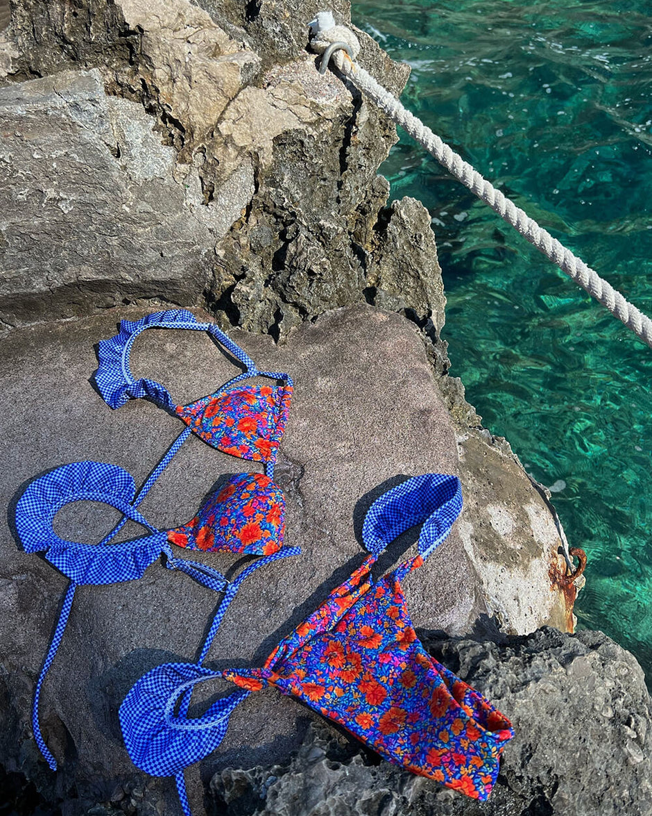 Floral Print Ruffled Tie-Back Triangle Bikini Set - Blue – FloralKini
