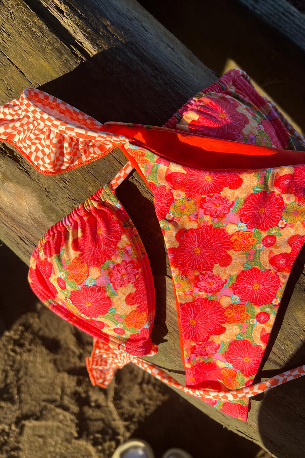 Floral Print Ruffled Tie-Back Triangle Bikini Set - Orange – FloralKini