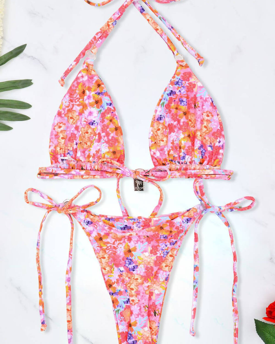 Floral Triangle Halter Tie Side Bikini Set With Ring Details – FloralKini