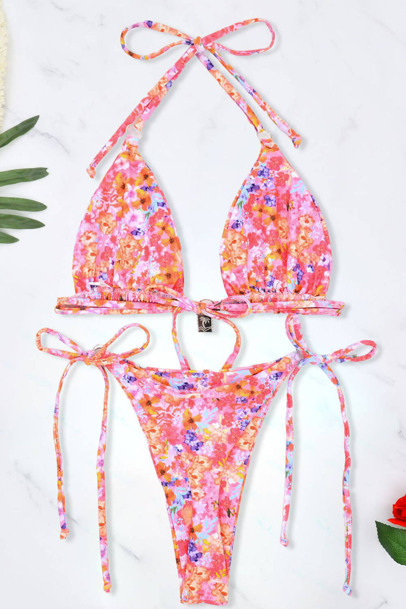 Floral Triangle Halter Tie Side Bikini Set With Ring Details – FloralKini