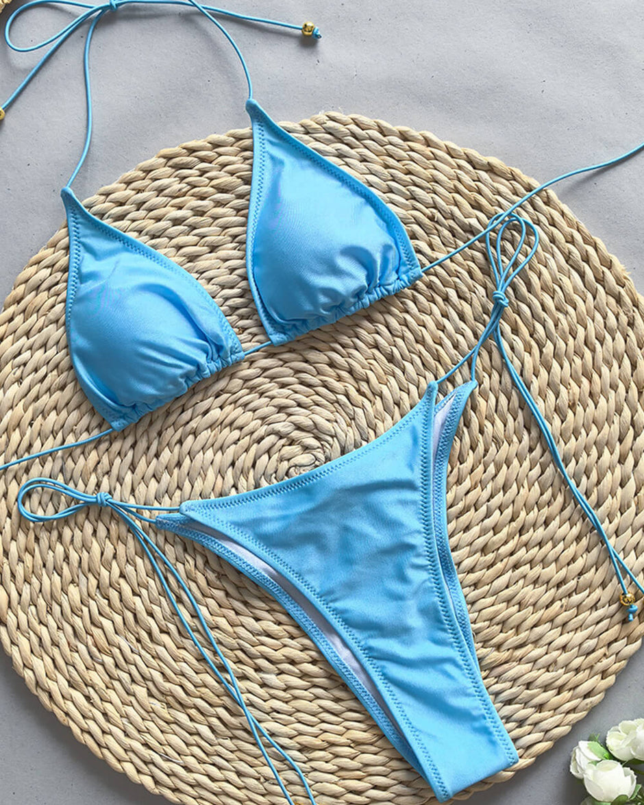 Triangle Halter Adjustable Tie High Cut Bikini Set - Sky Blue – FloralKini