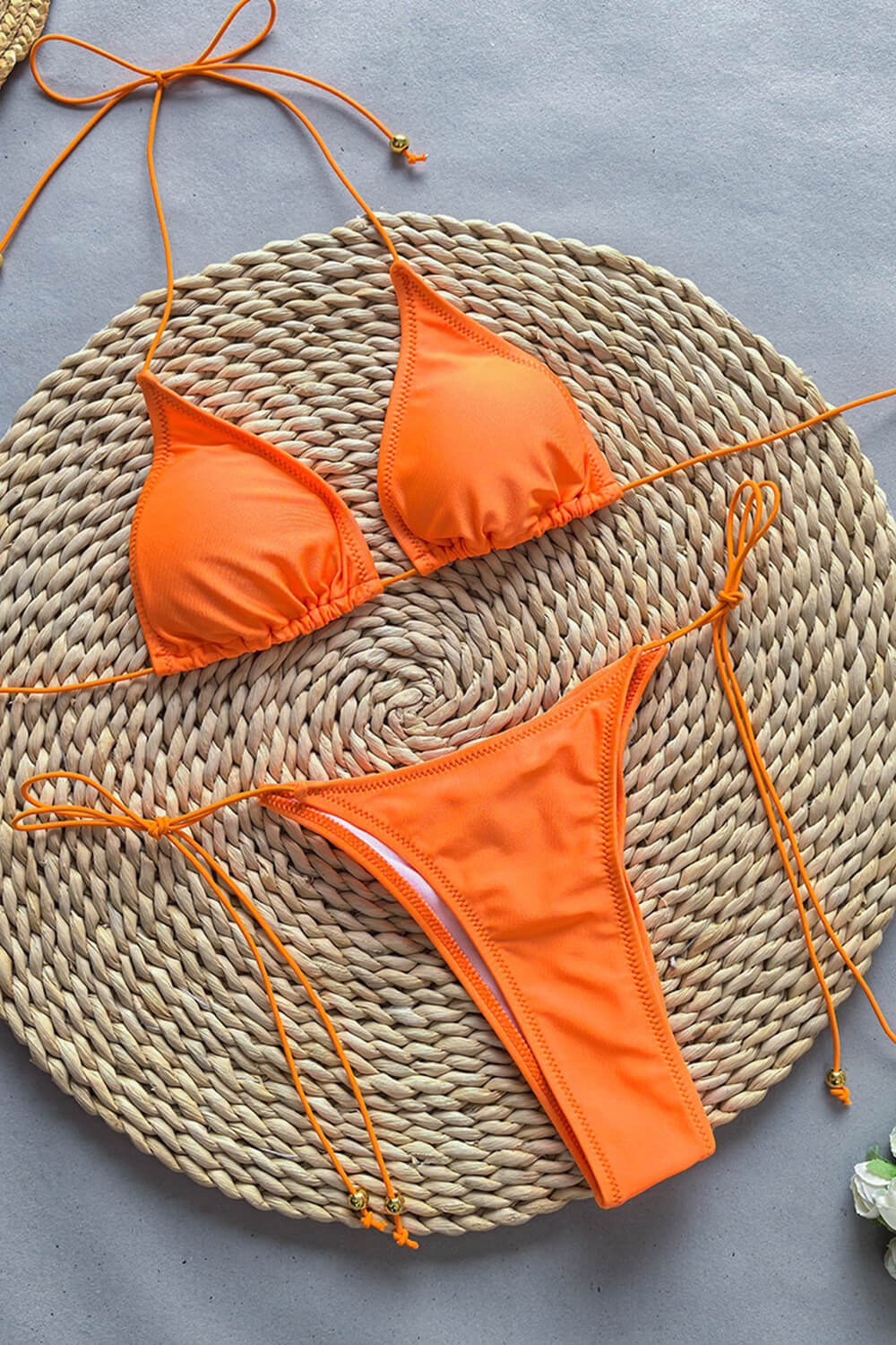Triangle Halter Adjustable Tie High Cut Bikini Set - Orange – FloralKini