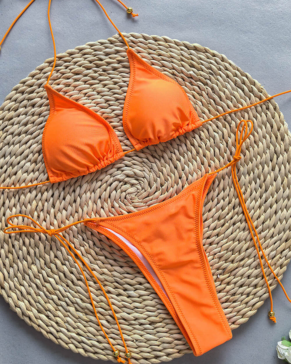 Triangle Halter Adjustable Tie High Cut Bikini Set - Orange – FloralKini