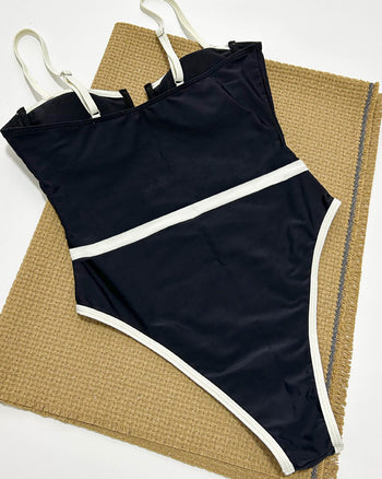 Underwire Contrast Trim High Rise One Piece Swimsuit - Black – FloralKini