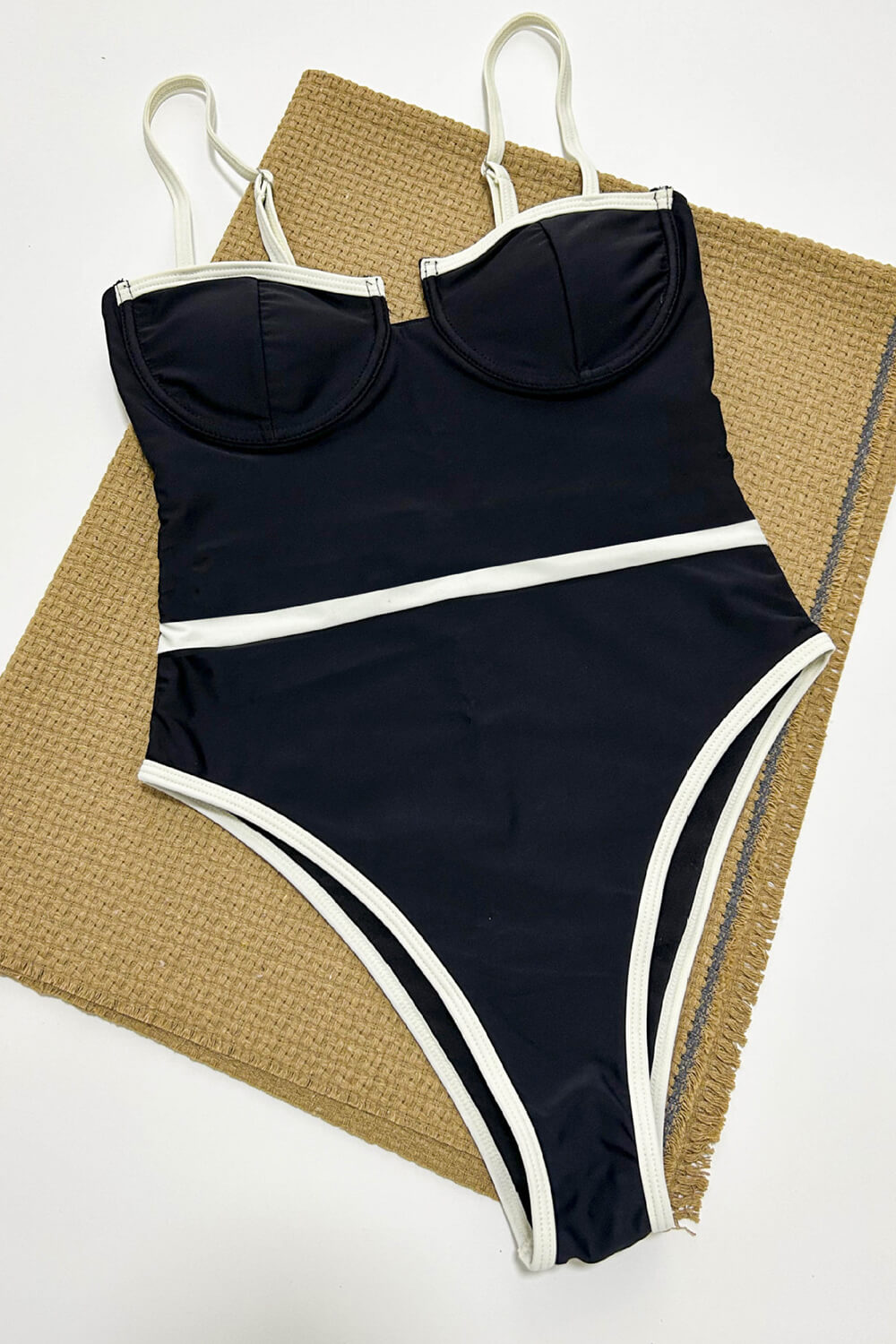 Underwire Contrast Trim High Rise One Piece Swimsuit - Black – FloralKini