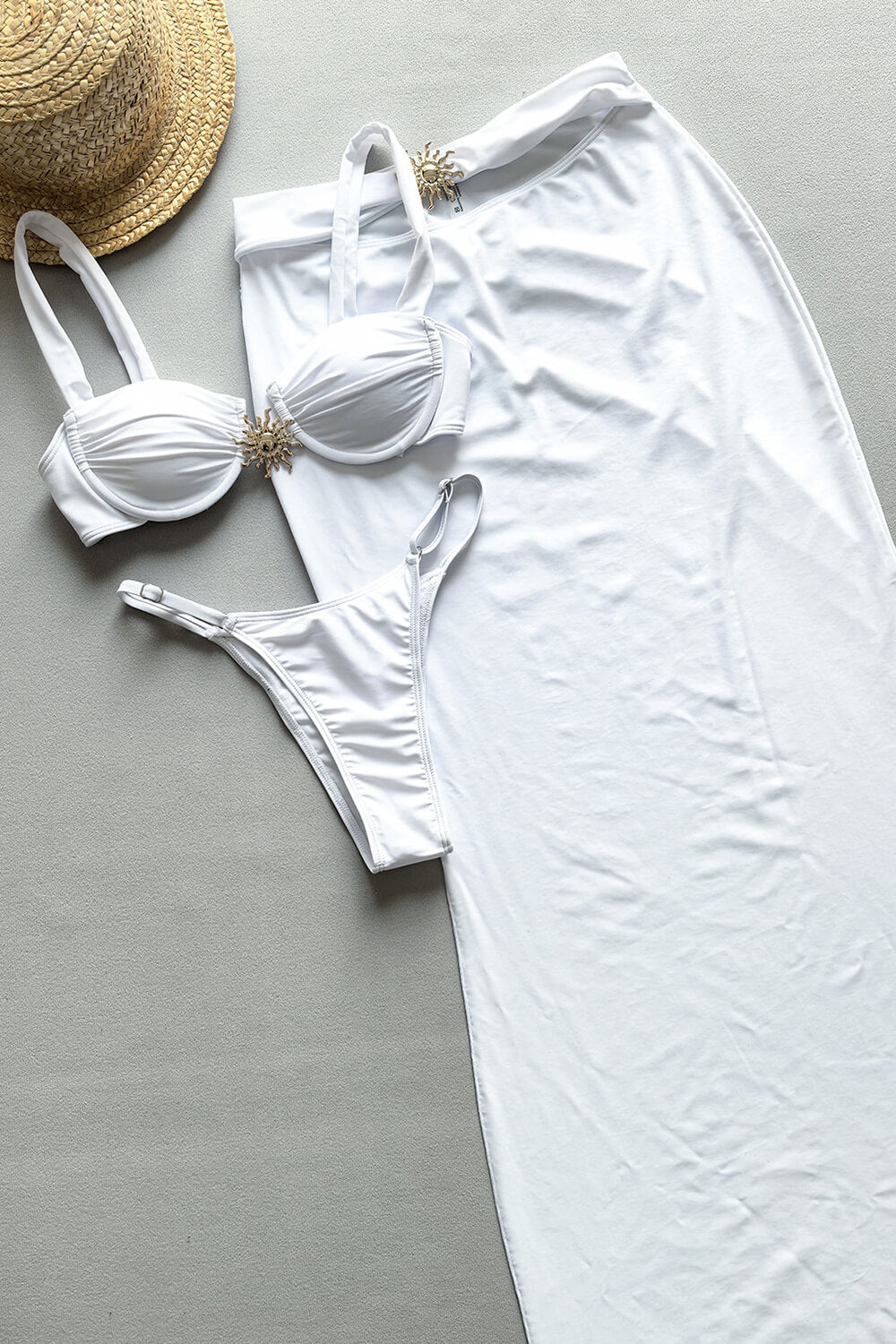 Balconette Ruched Underwire High-Cut Bikini Set With Metal Sun Decor ...