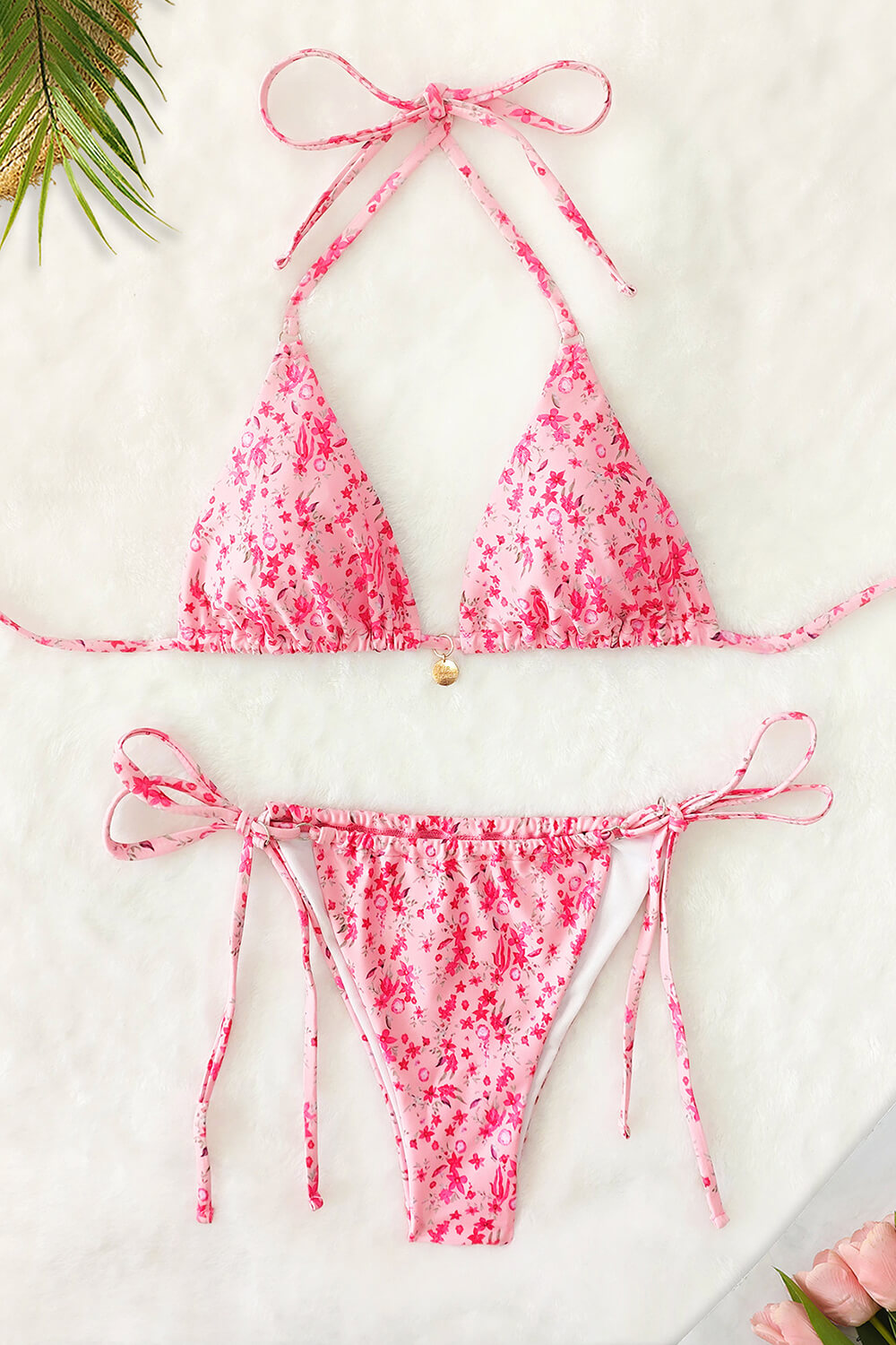 Floral Print Triangle Halter Tie Side Bikini Set With Gold Charm Detai ...