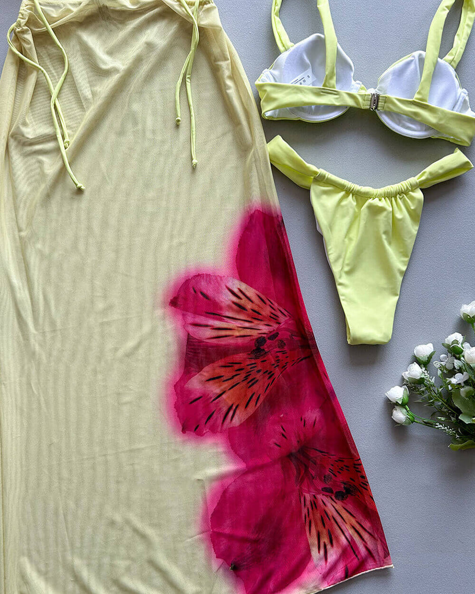 Ruched Balconette Underwire High-Cut Bikini Set & Maxi Skirt – FloralKini