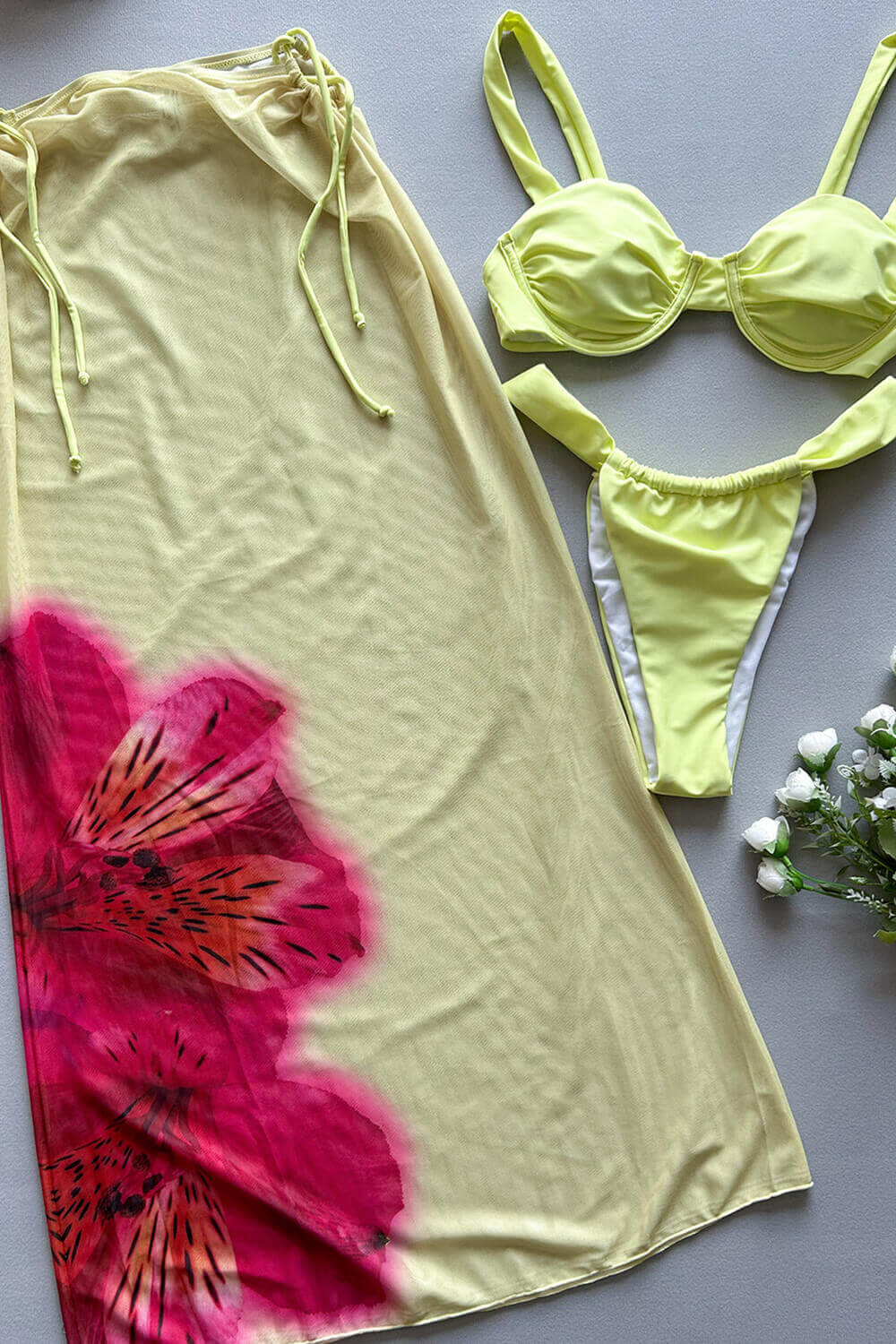 Ruched Balconette Underwire High-Cut Bikini Set & Maxi Skirt – FloralKini