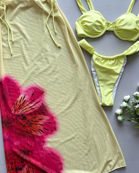 Ruched Balconette Underwire High-Cut Bikini Set & Maxi Skirt – FloralKini