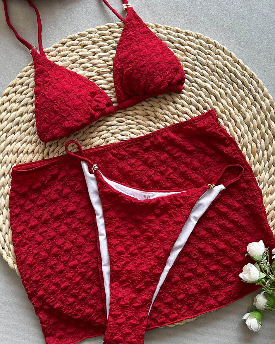 Textured Triangle Bikini Set With Gold Hardware Details & Short Sarong – FloralKini