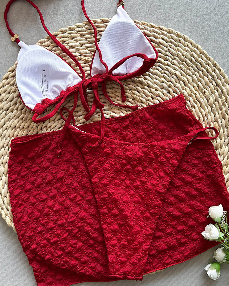 Textured Triangle Bikini Set With Gold Hardware Details & Short Sarong – FloralKini