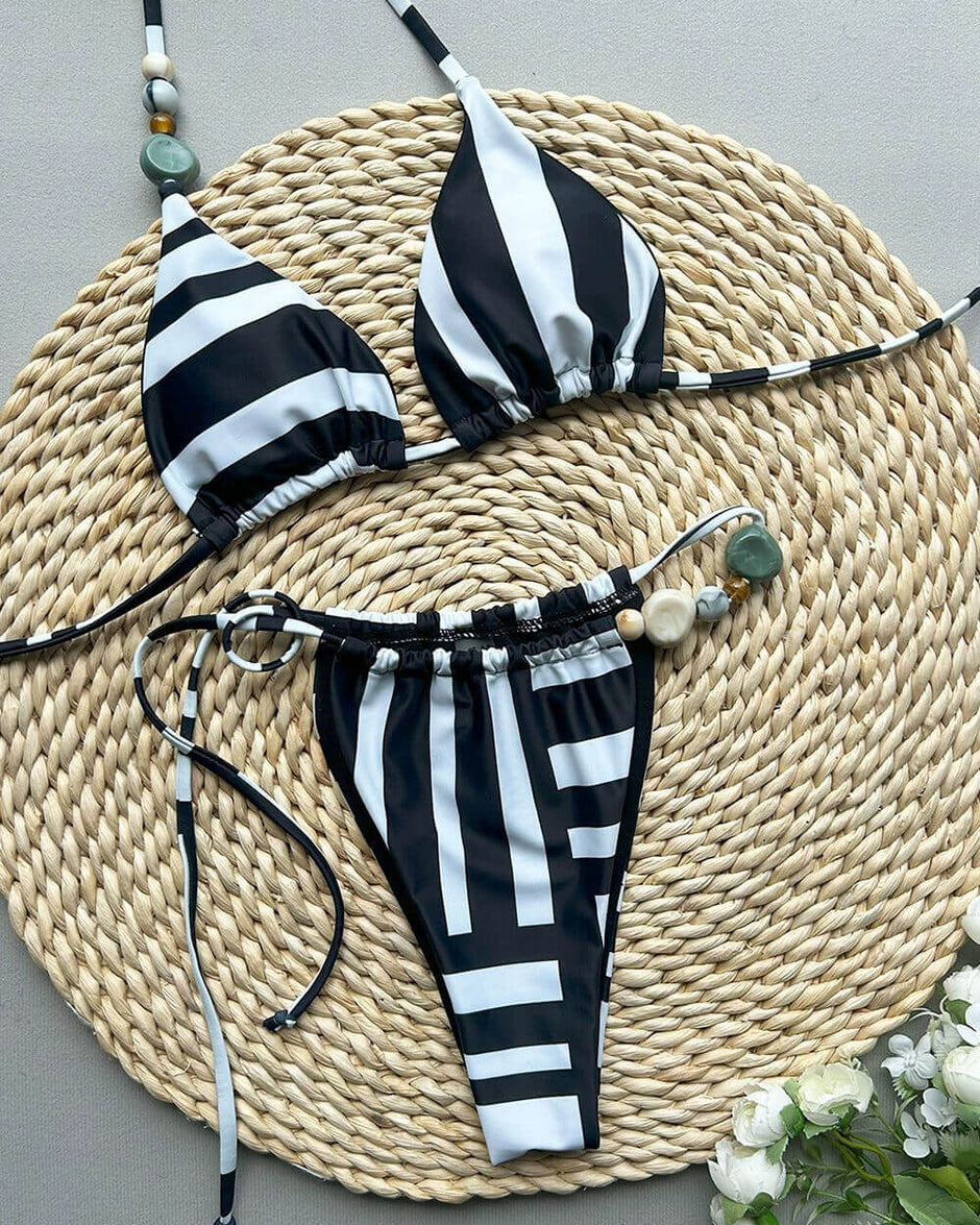 Linocut String Triangle Tie Side Bikini Set With Beaded Detailing ...