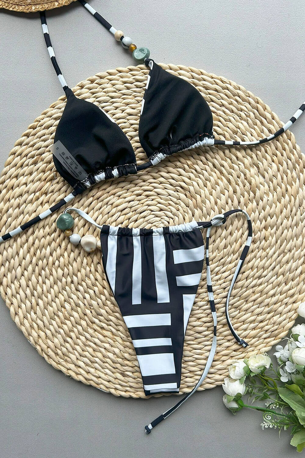 Linocut String Triangle Tie Side Bikini Set With Beaded Detailing ...