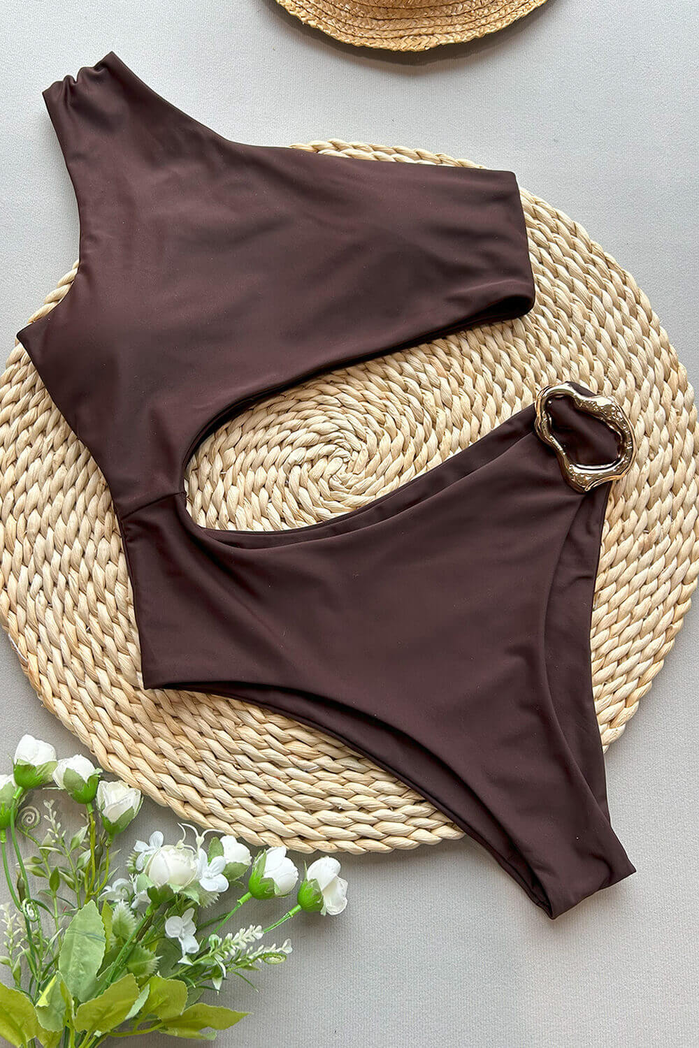 Cut-Out One-Shoulder One Piece Swimsuit With Metallic Hardware Details ...