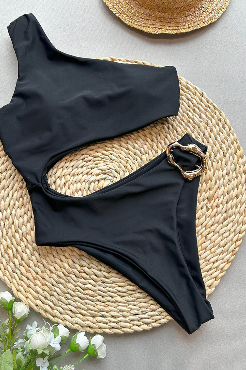 Cut-Out One-Shoulder One Piece Swimsuit With Metallic Hardware Details ...