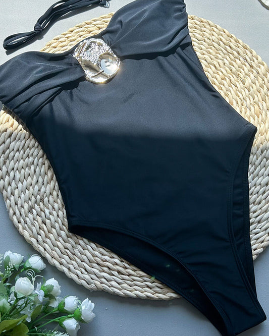 Strapless One Piece Swimsuit With Metal Gold Details – FloralKini