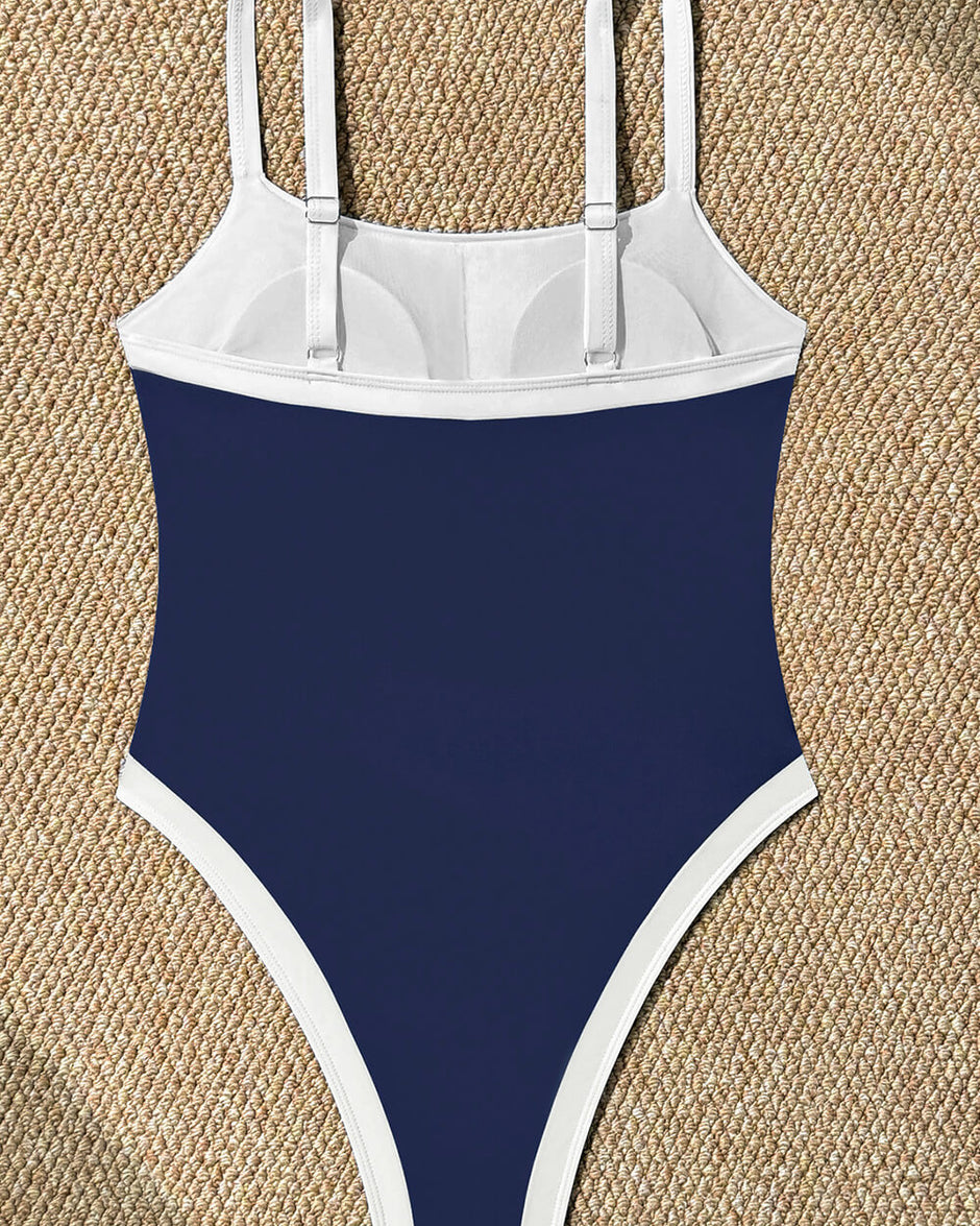 Colorblock Contrast Trim High Rise One Piece Swimsuit - Navy & White ...