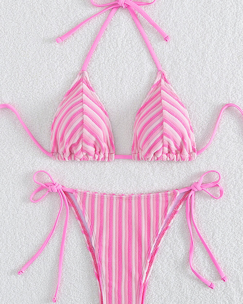 Striped Print Triangle Halter Tie Side Bikini Set With Bows Detailing ...