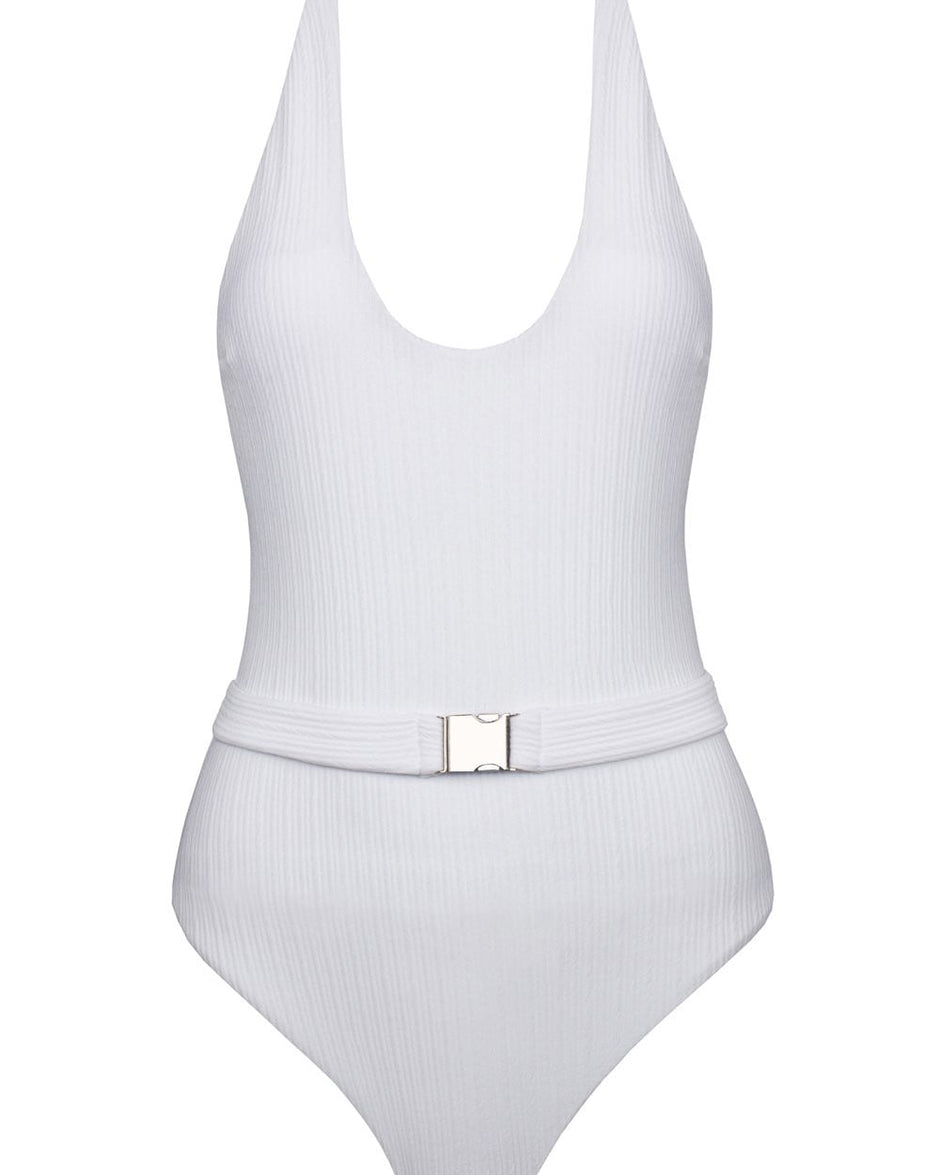 White V-neck Belted One Piece Swimsuit – FloralKini