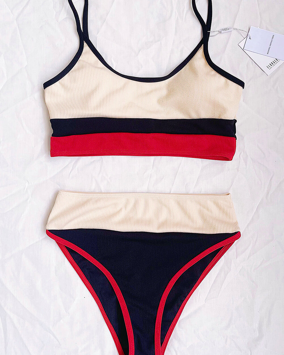 Cream And Red Striped Ribbed Bikini Top – FloralKini