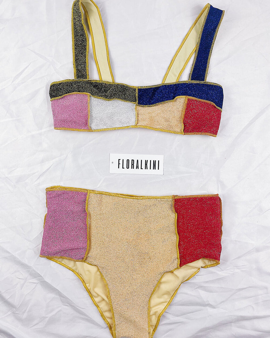 Multicoloured Shimmer Color-Block Velvet High Waisted Bikini Bottom ...