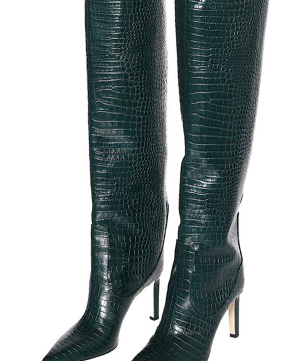 Croc Print Wide Fit Pointed Toe Stiletto Heel Knee High Boots-White/Or ...