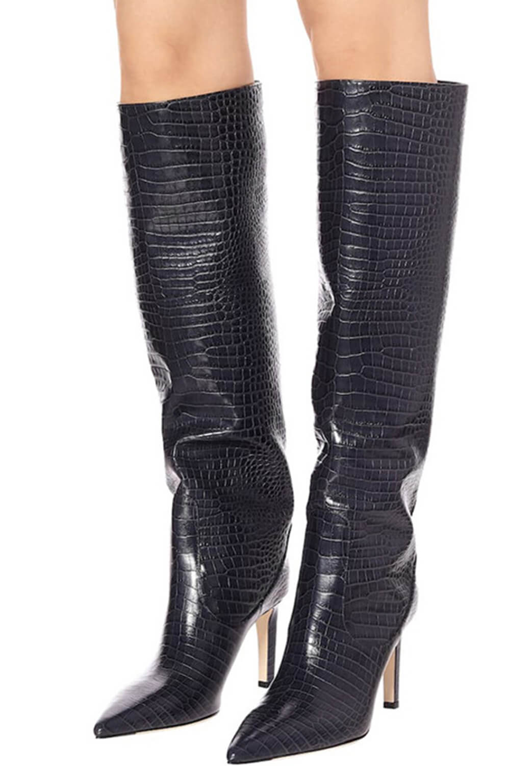 Croc Print Wide Fit Pointed Toe Stiletto Heel Knee High Boots-White/Or ...