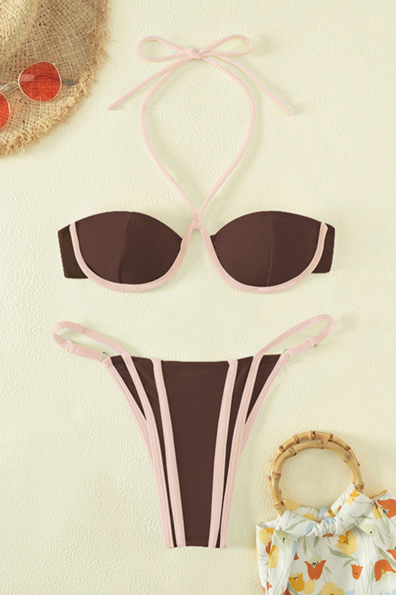 Chocolate Color Block Halter-Neck V Wire Bralette Tanga Scrunch Back B ...