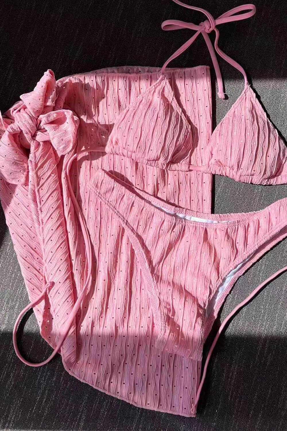 Wave Textured Triangle Halter High Leg Bikini Set With Side Tie Sarong ...