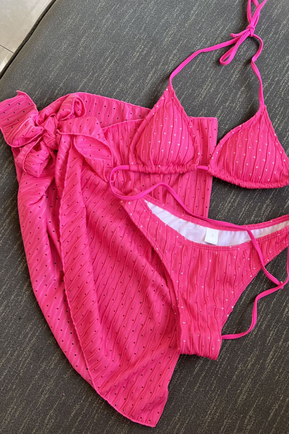 Wave Textured Triangle Halter High Leg Bikini Set With Side Tie Sarong ...
