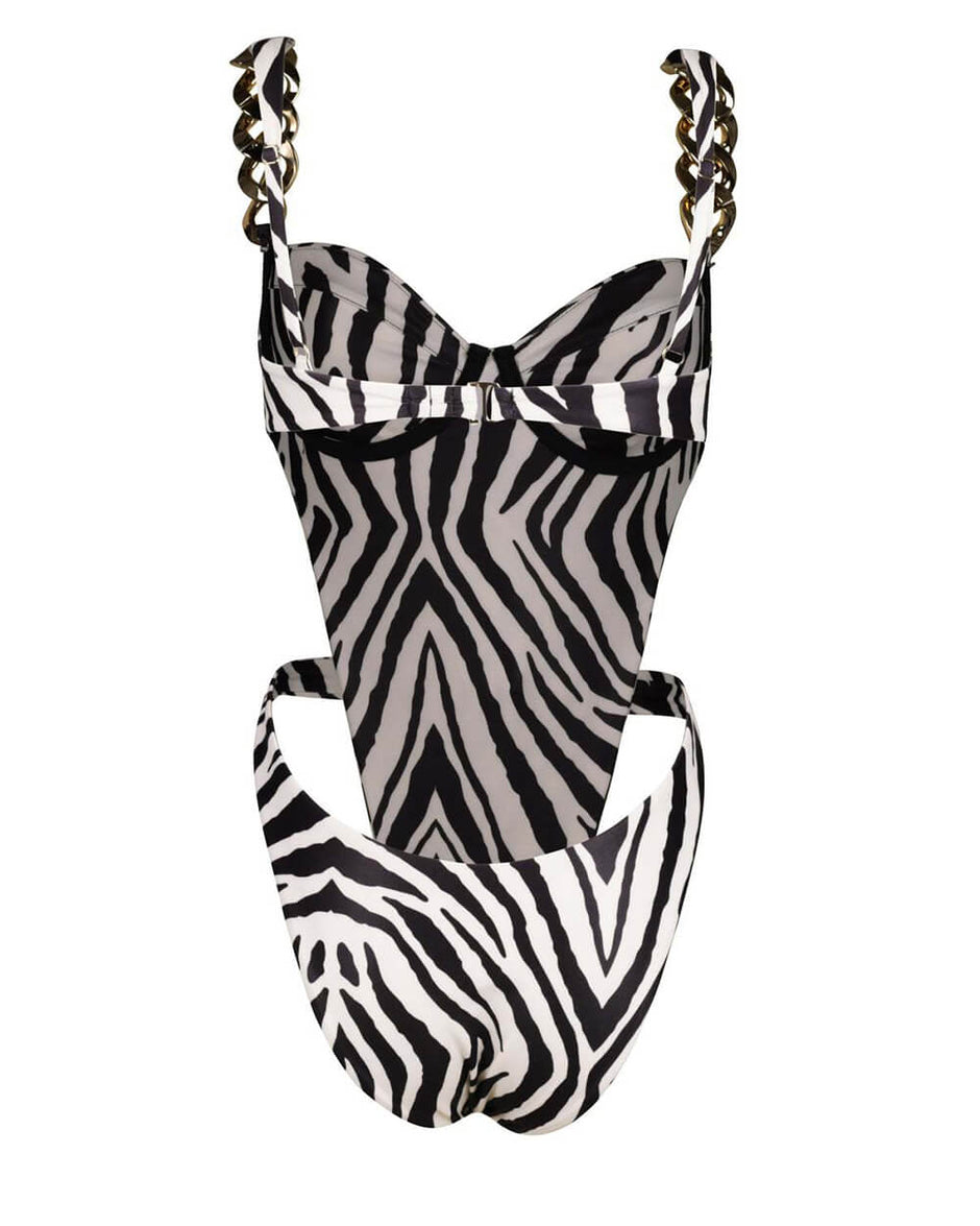Zebra Print Underwire Wrap Around Gold Chain One Piece Swimsuit ...