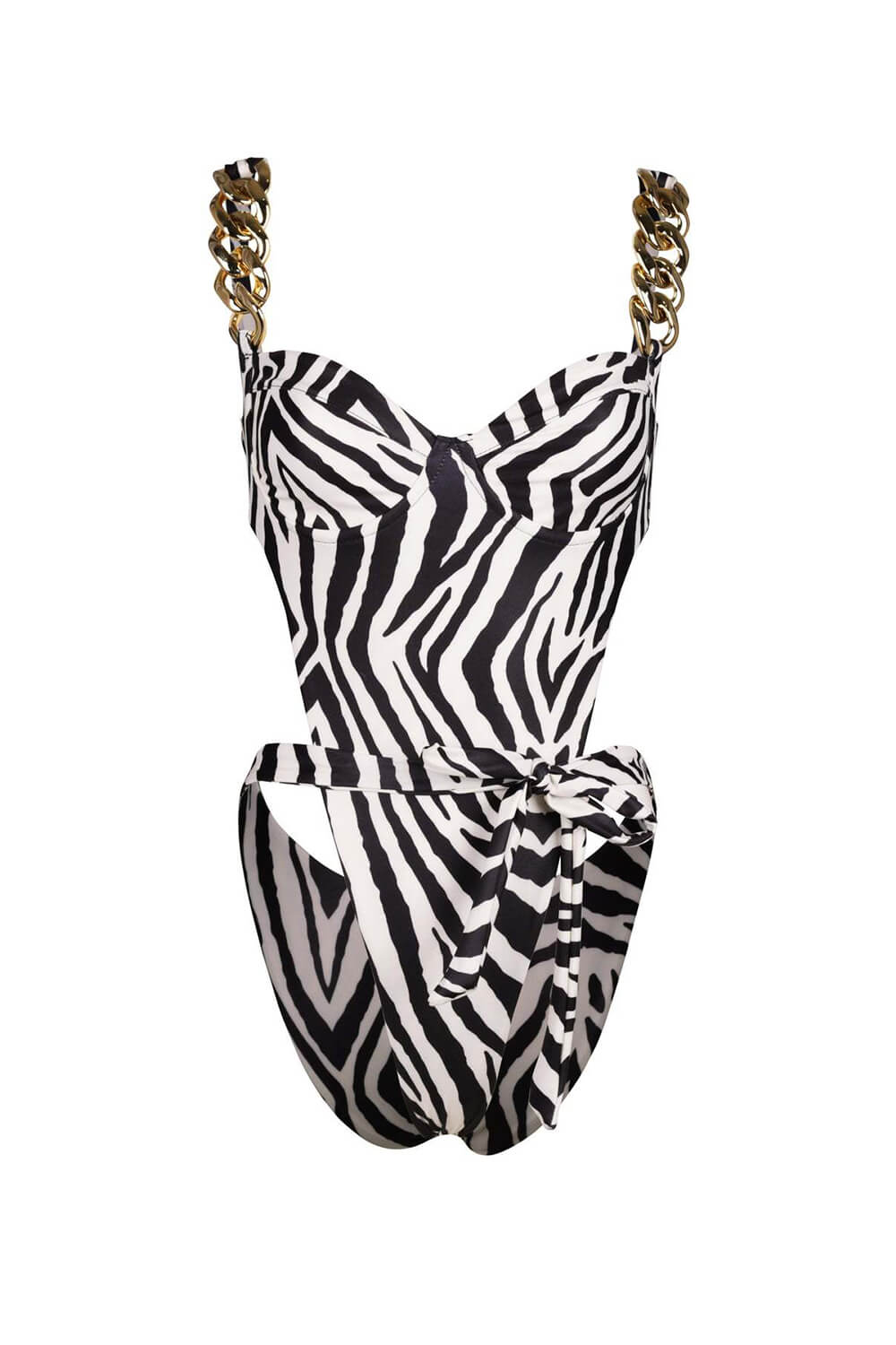 Zebra Print Underwire Wrap Around Gold Chain One Piece Swimsuit ...