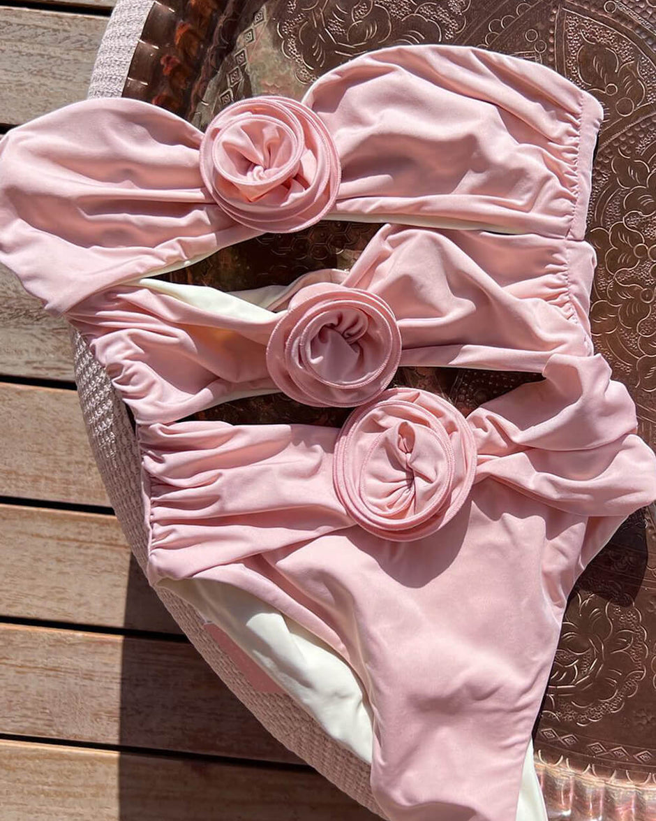 Rose Applique Strapless Cut-Out One Piece Swimsuit – FloralKini