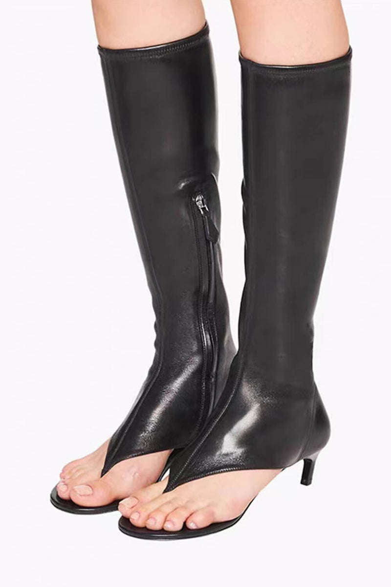 Faux Leather Open Toe Thong Strap Knee High Heeled Boots - Black ...