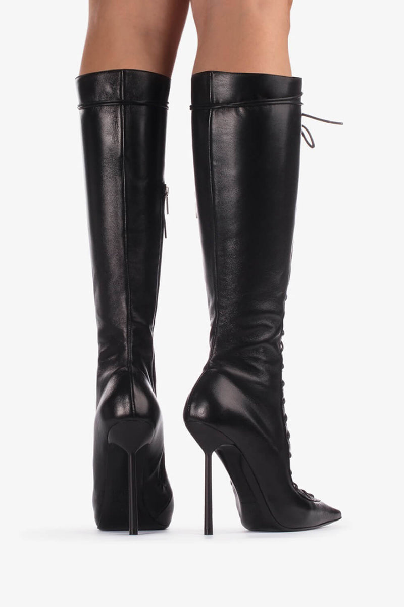 Laced-Up Tapered Toe Knee High Stiletto Boots - Black – FloralKini