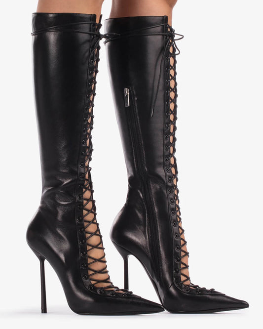 Laced-Up Tapered Toe Knee High Stiletto Boots - Black – FloralKini