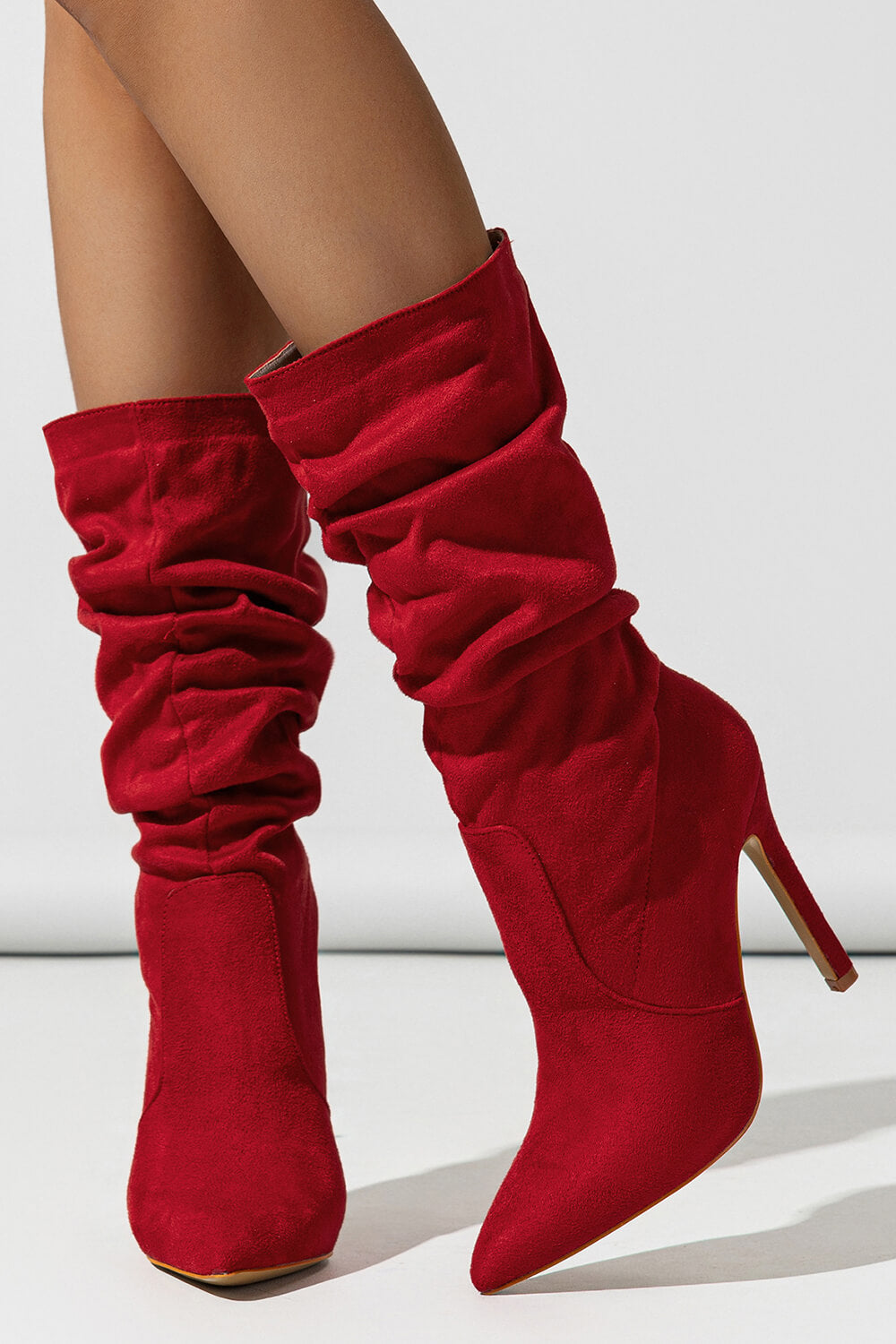 Faux Suede Pointed Toe Knee High Ruched Mid Heeled Boots - Red – FloralKini