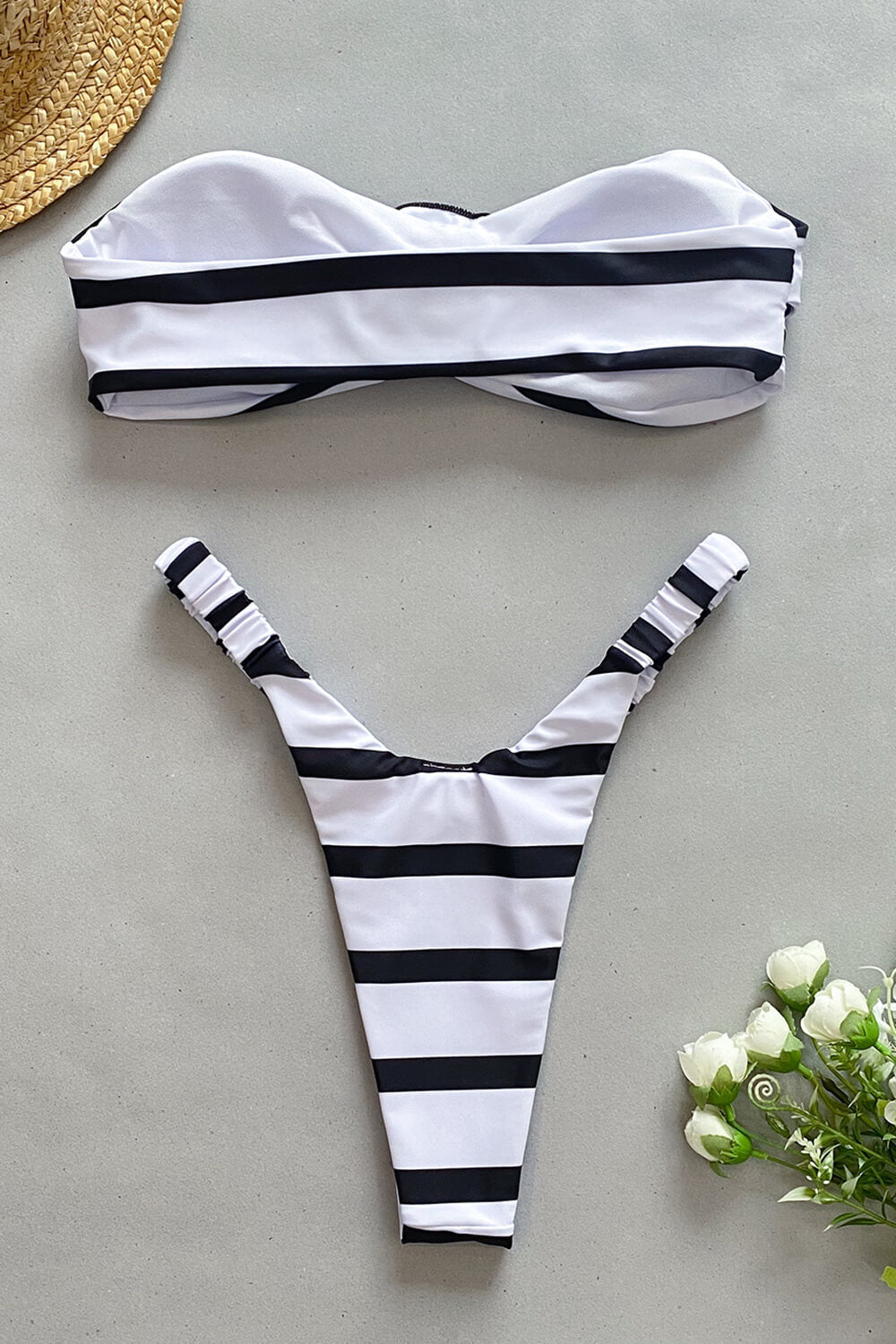 Rosette Bandeau High-Cut Scrunch Bikini Set - Black White Stripe ...