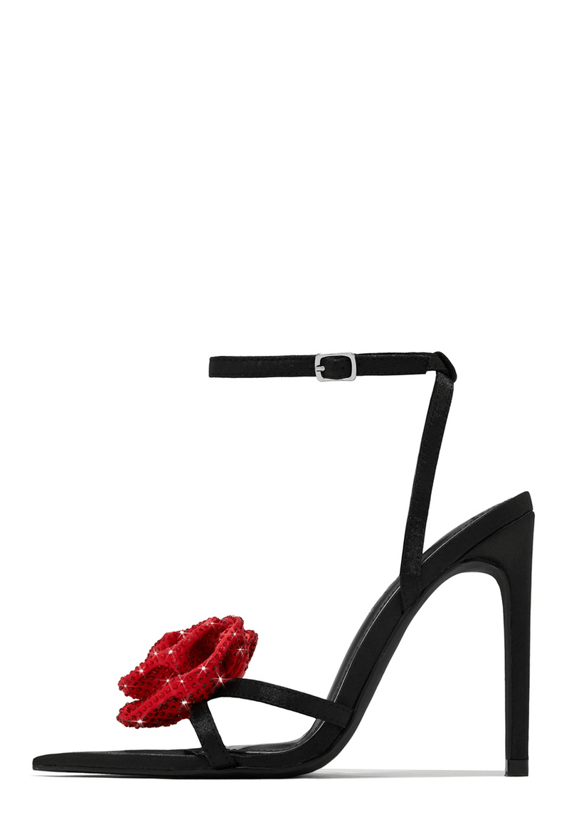 Rose Embellished Pointed Toe High Stiletto Heels - Black Red – FloralKini