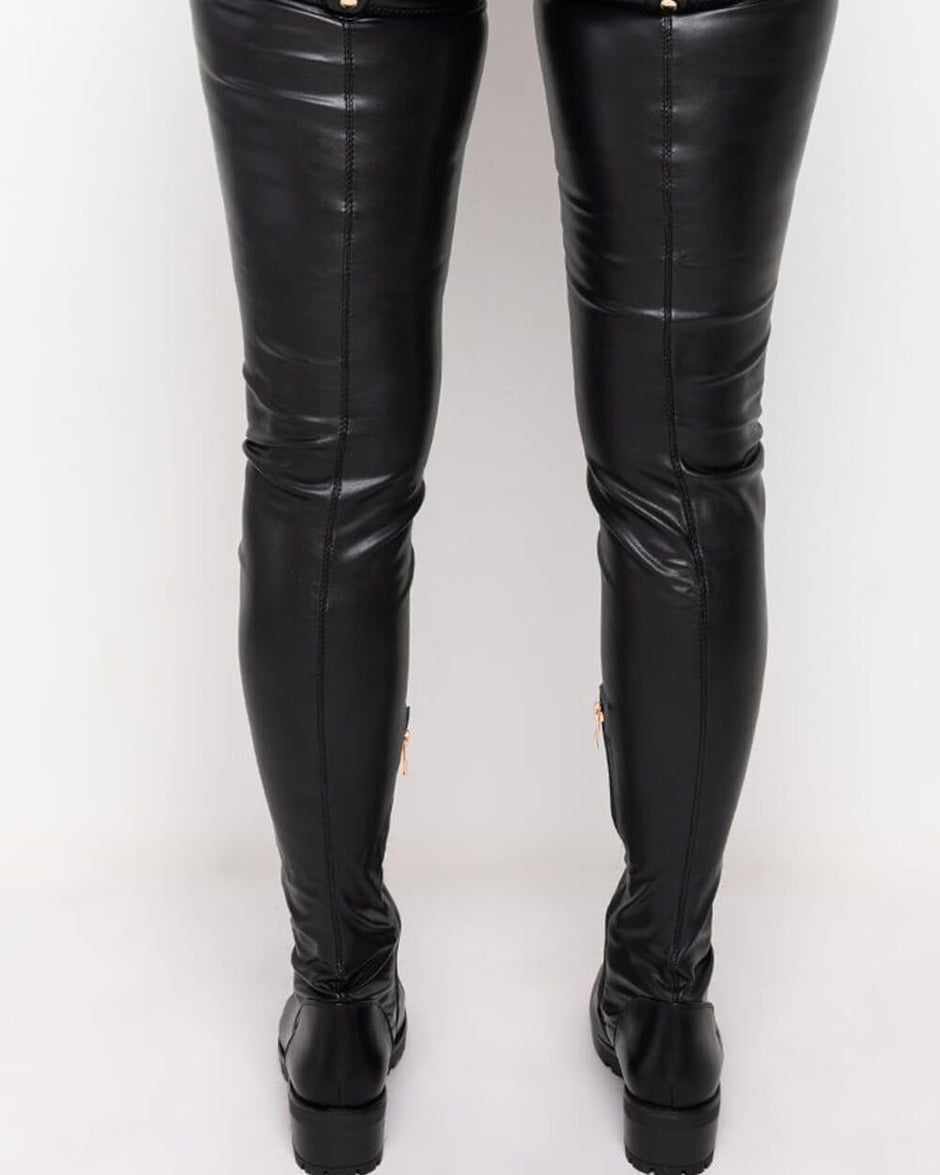 Black Faux Leather Flat Chunky Over The Knee Thigh High Boots – FloralKini