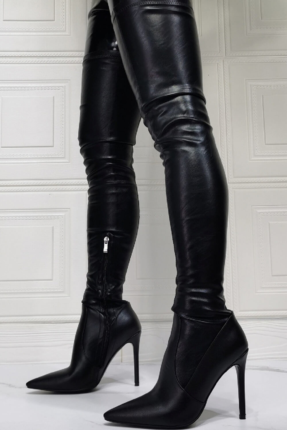 Black Faux Leather Over The Knee Thigh High Stiletto Boots – FloralKini